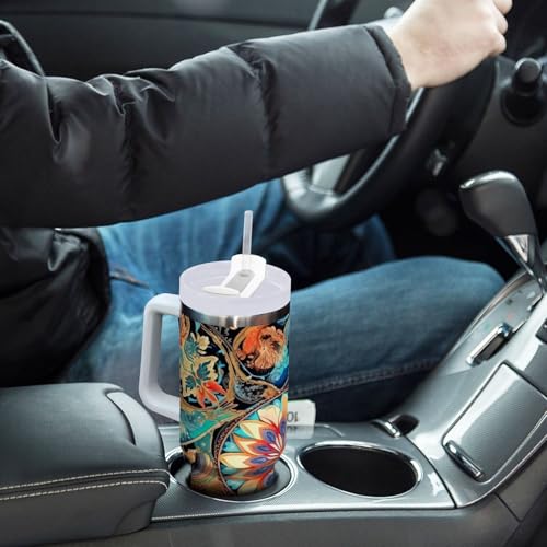 Jihqo Colorful Oriental Textile Tile 40 oz Stainless Steel Vacuum Insulated Tumbler with Handle and Straw Lid, Leakproof Water Bottle Double Wall Travel Mug Coffee Cup, Cupholder Friendly