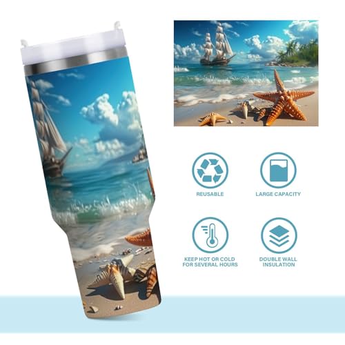 Jihqo Starfish on Seaside Beach 40 oz Stainless Steel Vacuum Insulated Tumbler with Handle and Straw Lid, Leakproof Water Bottle Double Wall Travel Mug Coffee Cup, Cupholder Friendly