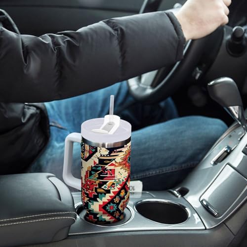 Jihqo Indian Ethnic Pattern 40 oz Stainless Steel Vacuum Insulated Tumbler with Handle and Straw Lid, Leakproof Water Bottle Double Wall Travel Mug Coffee Cup, Cupholder Friendly