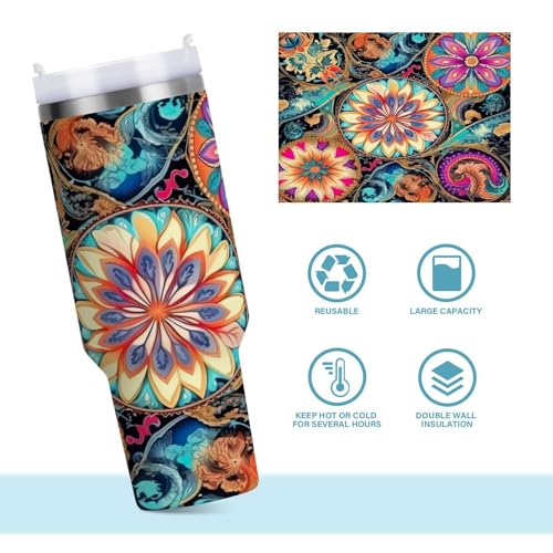 Jihqo Colorful Oriental Textile Tile 40 oz Stainless Steel Vacuum Insulated Tumbler with Handle and Straw Lid, Leakproof Water Bottle Double Wall Travel Mug Coffee Cup, Cupholder Friendly