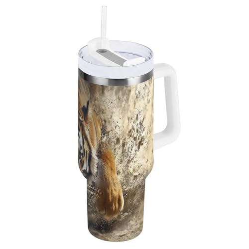 Jihqo Hunting Tiger 40 oz Stainless Steel Vacuum Insulated Tumbler with Handle and Straw Lid, Leakproof Water Bottle Double Wall Travel Mug Coffee Cup, Cupholder Friendly