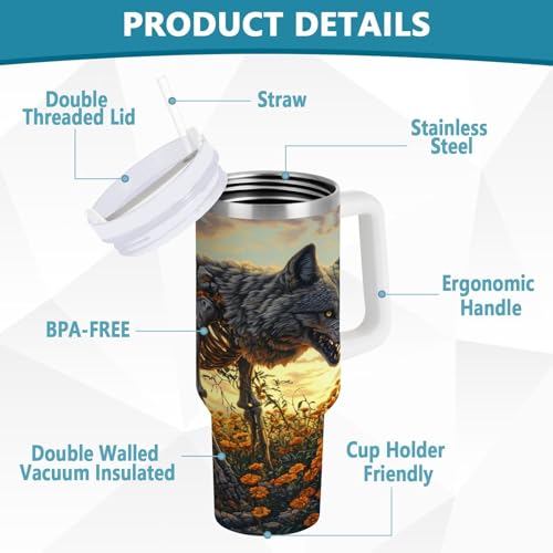 Slewiaeky Tumbler with Handle 40 oz Gothic Skull Cool Wolf Travel Mug with Lid and Straw Stainless Steel Vacuum Insulated Water Bottle Cup for Iced Tea Coffee Cold Beverages Cup Holder Friendly