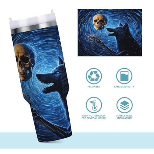 Slewiaeky Tumbler with Handle 40 oz Goth Skull Classic Wolf Travel Mug with Lid and Straw Stainless Steel Vacuum Insulated Water Bottle Cup for Iced Tea Coffee Cold Beverages Cup Holder Friendly