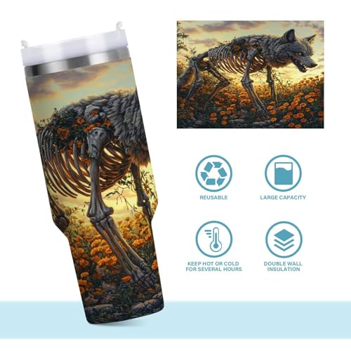 Slewiaeky Tumbler with Handle 40 oz Gothic Skull Cool Wolf Travel Mug with Lid and Straw Stainless Steel Vacuum Insulated Water Bottle Cup for Iced Tea Coffee Cold Beverages Cup Holder Friendly