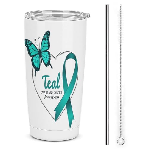 Teal Ribbon Butterfly Heart Ovarian Awareness 20 OZ Stainless Steel Tumbler Travel Car Coffee Mug with Straw Lid Cleaning Brush Coffee Tumbler Mug for Women Men