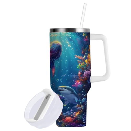 Slewiaeky Tumbler with Handle 40 oz Colorful Ocean Mermaid Shark Travel Mug with Lid and Straw Stainless Steel Vacuum Insulated Water Bottle Cup for Iced Tea Coffee Cold Beverages Cup Holder Friendly