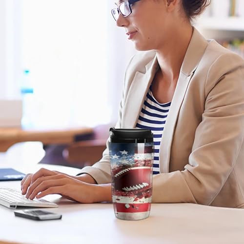 Football Print U.S Flag Travel Coffee Mug Reusable Coffee Cup Tumbler with Lid for Outdoor 250ml