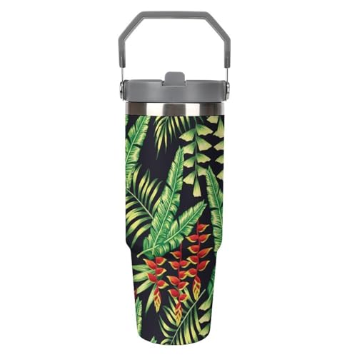 GemGam Stainless Steel Tumbler with Lid And Straw 30 Oz Top Handle Palm Tree Colorful Flower Leakproof Vacuum Insulated Water Bottle for Car Travel Exotic Plant