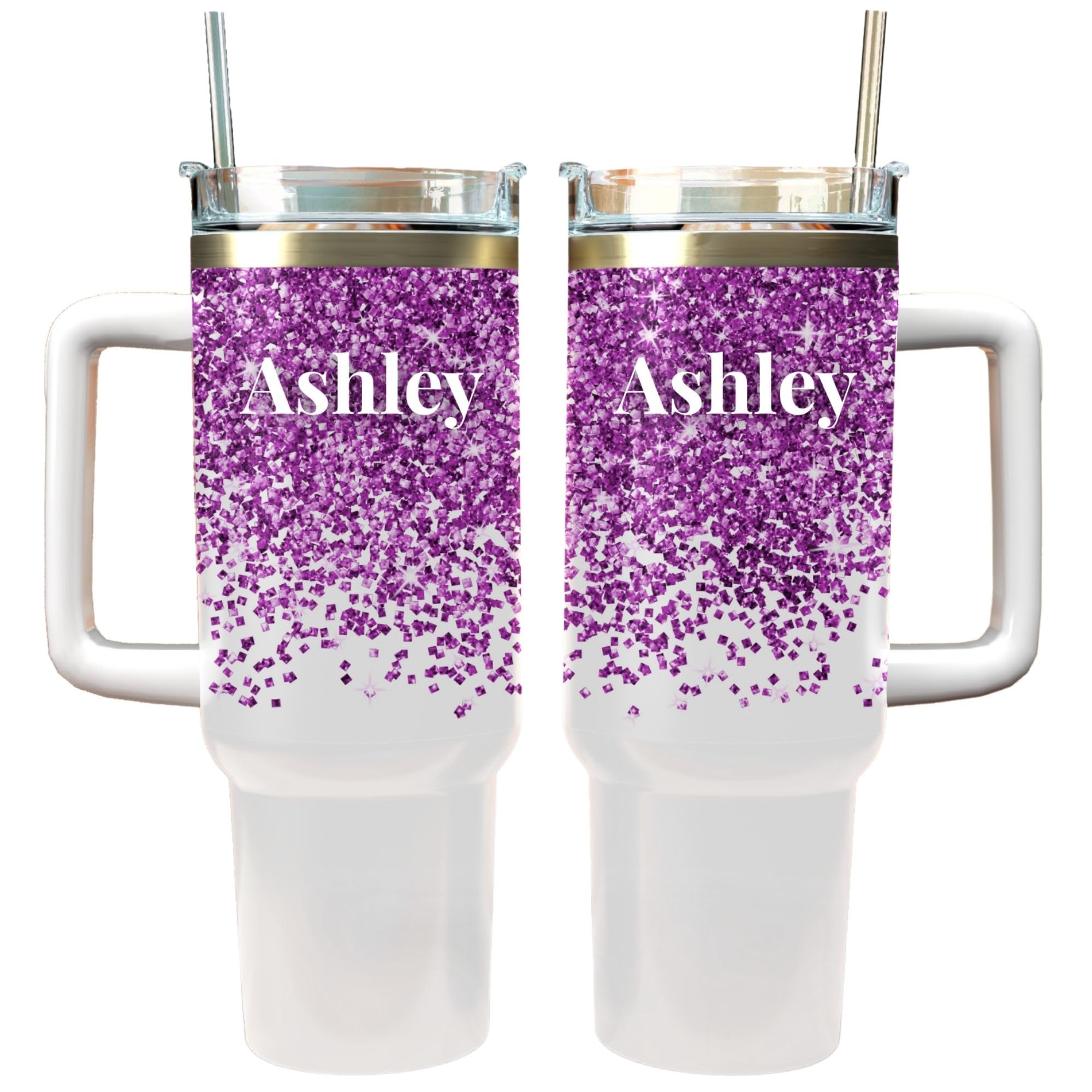 Personalized 40 oz Tumbler With Handle And Straw Lid Glitter - Dishwasher Safe Stainless Steel Insulated Travel Mug - Custom Name Tumbler Gift For Women Mom Friend Teacher Nurse Her Birthday Christmas