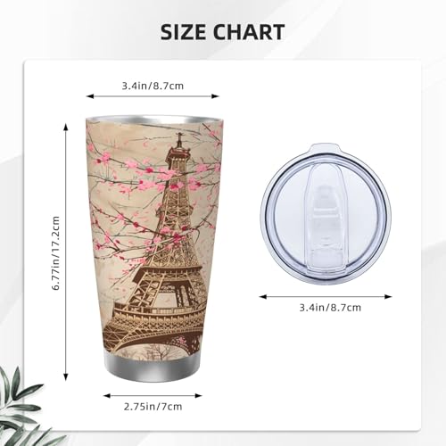 AYCZN Vintage Paris Flower 20 OZ Tumbler Stainless Steel Travel Coffee Mug, Eiffel Tower Insulated Water Bottle with Lid Leakproof Thermal Cup