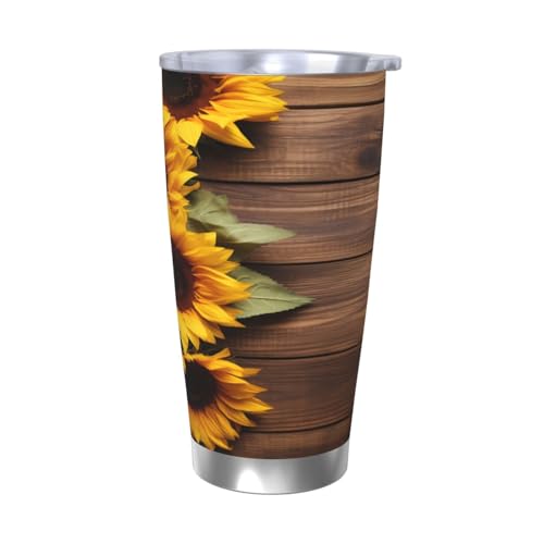 AYCZN Sunflower Wood Board 20 OZ Tumbler Stainless Steel Travel Coffee Mug, Vintage Insulated Water Bottle with Lid and 2 StrawsLeakproof Thermal Cup