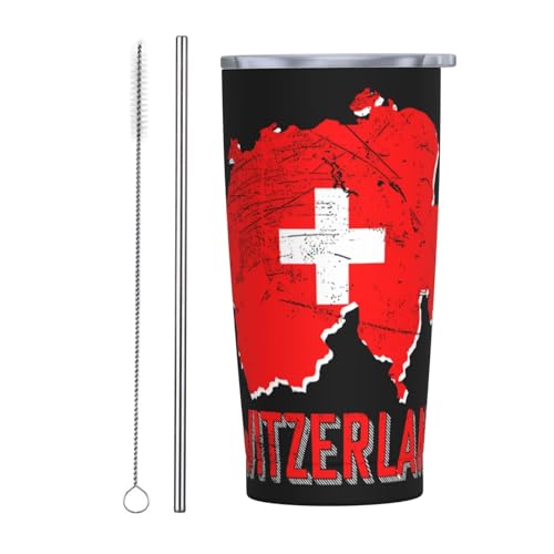 VKKOEWL Switzerland Swiss Flag Map Stainless Steel Insulated Tumbler 20 Oz Travel Water Bottle Coffee Mug Drink Cup With Lid Straw