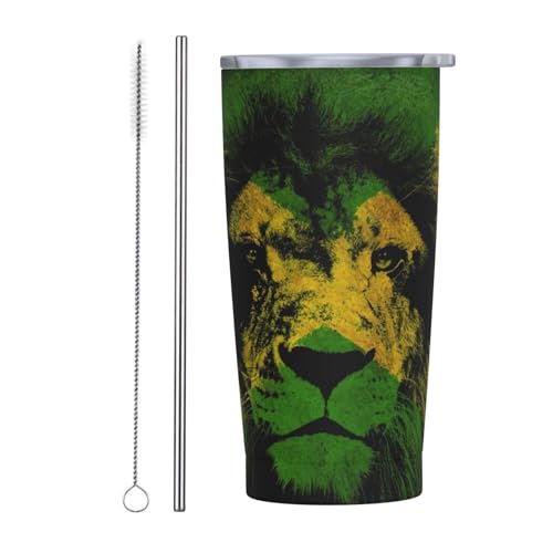 VKKOEWL Jamaican Flag Rasta Reggae Judah Lion Stainless Steel Insulated Tumbler 20 Oz Travel Water Bottle Coffee Mug Drink Cup With Lid Straw