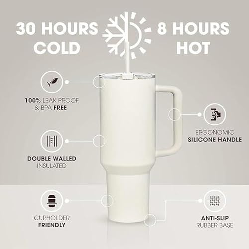 Nuvora H2.0 Tumbler with Handle and Straw 40 oz | Flowstate 3-Position Lid | Cup Holder Compatible for Travel | Insulated Stainless Steel Cup Cream