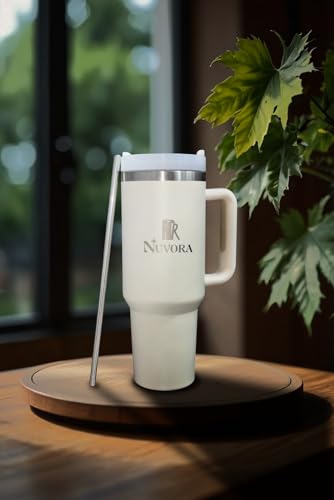 Nuvora H2.0 Tumbler with Handle and Straw 40 oz | Flowstate 3-Position Lid | Cup Holder Compatible for Travel | Insulated Stainless Steel Cup Cream