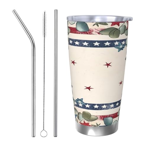 AYCZN Vintage American 20 OZ Tumbler Stainless Steel Travel Coffee Mug, Star Stripes Insulated Water Bottle with Lid and Straws Leakproof Thermal Cup