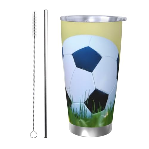 NHJKLWQSZ Football On Grass 20oz Stainless Steel Tumbler With Lid And Straw, Double Wall Vacuum Insulated Coffee Mug Travel Cups Leak-Proof Lid For Hot And Cold Drinks, Metal Straws And Brush