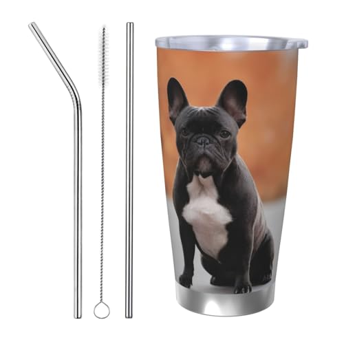 NHJKLWQSZ French Bulldog 20oz Stainless Steel Tumbler With Lid And Straw, Double Wall Vacuum Insulated Coffee Mug Travel Cups Leak-Proof Lid For Hot And Cold Drinks, Metal Straws And Brush