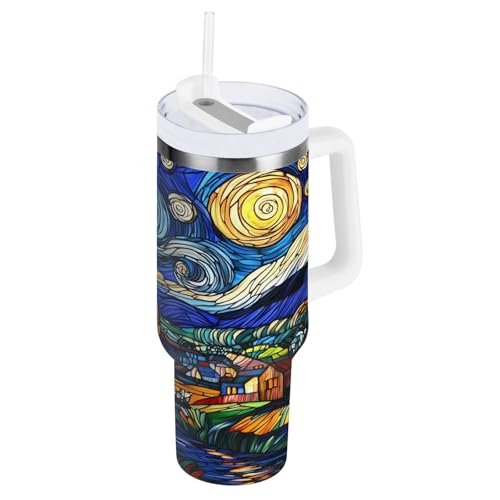 RPLIFE Village River Mountain Starry Sight Style Stainless Steel Tumbler, Insulated Cup with Straw, Coffee Tumbler for Women