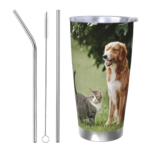 NHJKLWQSZ Lovely Dogs 20oz Stainless Steel Tumbler With Lid And Straw, Double Wall Vacuum Insulated Coffee Mug Travel Cups Leak-Proof Lid For Hot And Cold Drinks, Metal Straws And Brush