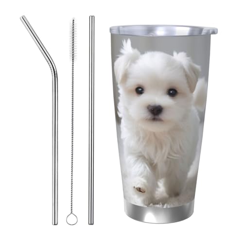 NHJKLWQSZ Cute Puppy Dog 20oz Stainless Steel Tumbler With Lid And Straw, Double Wall Vacuum Insulated Coffee Mug Travel Cups Leak-Proof Lid For Hot And Cold Drinks, Metal Straws And Brush