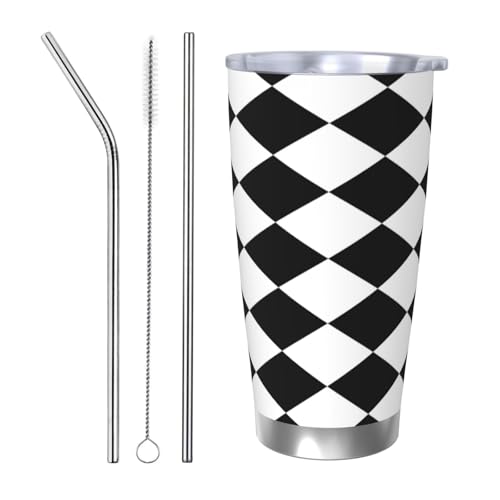AYCZN Black White Grid 20 OZ Tumbler Stainless Steel Travel Coffee Mug, Geometric Insulated Water Bottle with Lid and Straws Leakproof Thermal Cup