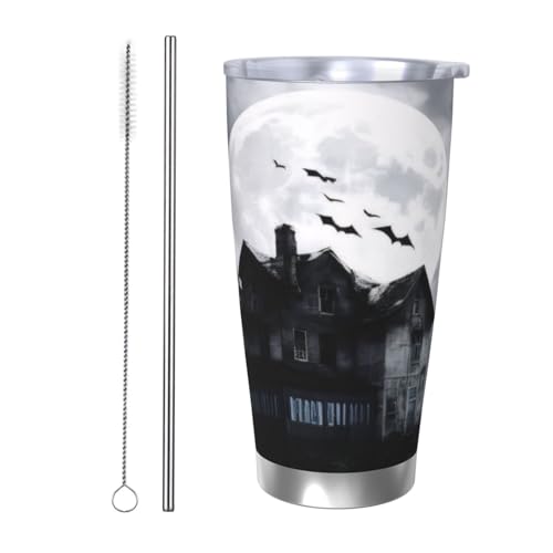 jshmgchw 3d Halloween Moon 20oz Tumbler, Car Cup With Lid And Straw, Spill-Proof, Stainless Steel Double Wall Vacuum Insulated Reusable Coffee Travel Mug, For Cold Drinks, Hot Beverage