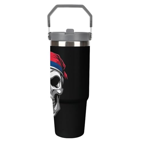 Serbian Serb Flag Skull 30 OZ Insulated Tumblers with Handle And Straw Leakproof Vacuum Insulated Stainless Steel Water Bottle for Car Fishing Travel