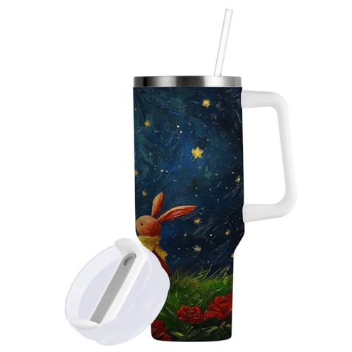 Little Red Rabbit Starry Blue Travel Coffee Tumbler, Stainless Steel Cup, Tumbler with Lid and Straw