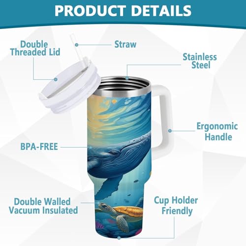RPLIFE Underwater Scene Blue 40oz Tumbler with Handle, Stainless Steel Cups with Lid, Travel Coffee Tumbler