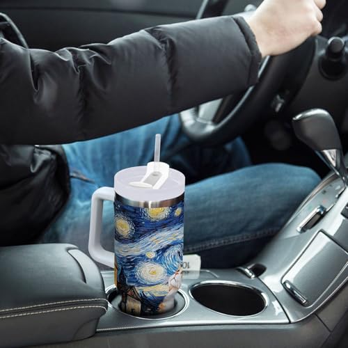 RPLIFE Cute Orange Cat Starry Night 40 Oz Tumbler with Handle, Stainless Steel Bottle, Insulated Water Bottle with Straw