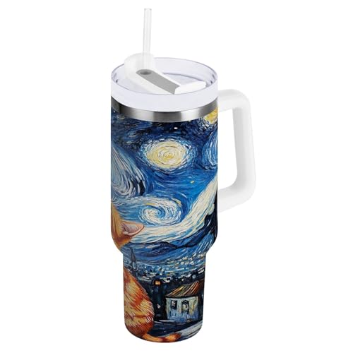 RPLIFE Cute Orange Cat Starry Night 40 Oz Tumbler with Handle, Stainless Steel Bottle, Insulated Water Bottle with Straw