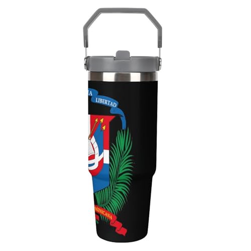 Dominican Republic Flag 30 OZ Insulated Tumblers with Handle And Straw Leakproof Vacuum Insulated Stainless Steel Water Bottle for Car Fishing Travel