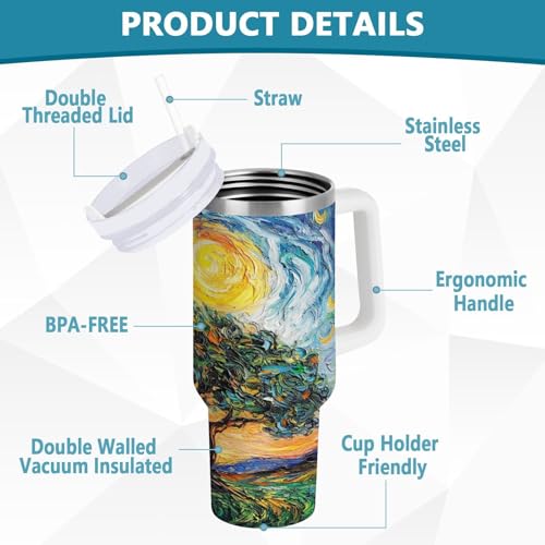 RPLIFE Starry Night Beautiful Tree Blue Coffee Tumbler with Handle, Stainless Steel Coffee Tumbler, Drinking Cups with Lids and Straws