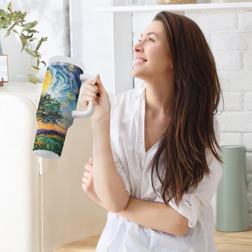 RPLIFE Starry Night Beautiful Tree Blue Coffee Tumbler with Handle, Stainless Steel Coffee Tumbler, Drinking Cups with Lids and Straws