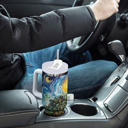 RPLIFE Starry Night Beautiful Tree Blue Coffee Tumbler with Handle, Stainless Steel Coffee Tumbler, Drinking Cups with Lids and Straws