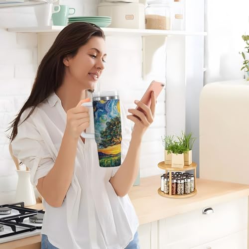 RPLIFE Starry Night Beautiful Tree Blue Coffee Tumbler with Handle, Stainless Steel Coffee Tumbler, Drinking Cups with Lids and Straws
