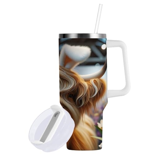 RPLIFE Easter Cute Highland Bunny Ears 40 Oz Tumbler with Handle, Stainless Steel Water Bottle with Straw, Coffee Tumbler