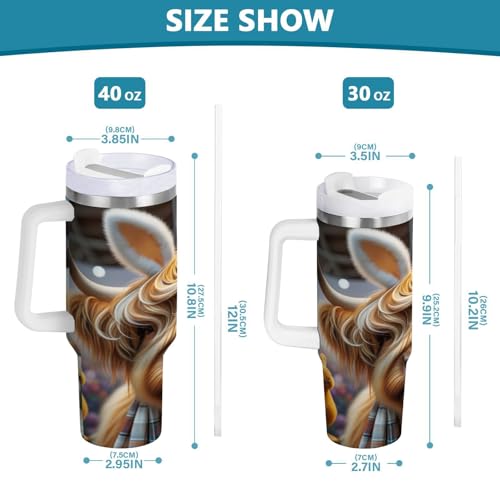 RPLIFE Easter Cute Highland Bunny Ears 40 Oz Tumbler with Handle, Stainless Steel Water Bottle with Straw, Coffee Tumbler