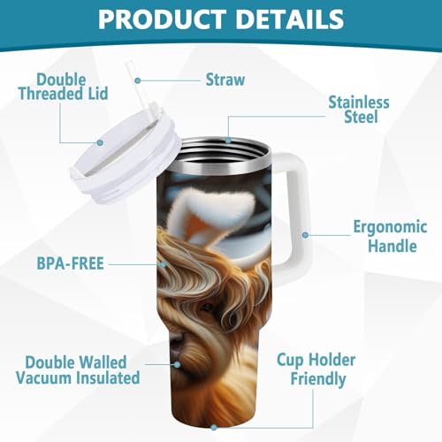 RPLIFE Easter Cute Highland Bunny Ears 40 Oz Tumbler with Handle, Stainless Steel Water Bottle with Straw, Coffee Tumbler