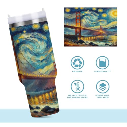 RPLIFE Golden Gate Bridge Starry Night 40oz Tumbler with Handle, Stainless Water Bottle, Insulated Coffee Tumbler