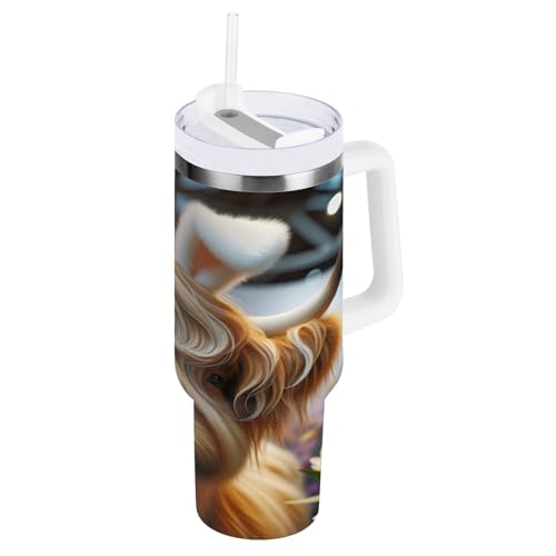 RPLIFE Easter Cute Highland Bunny Ears 40 Oz Tumbler with Handle, Stainless Steel Water Bottle with Straw, Coffee Tumbler