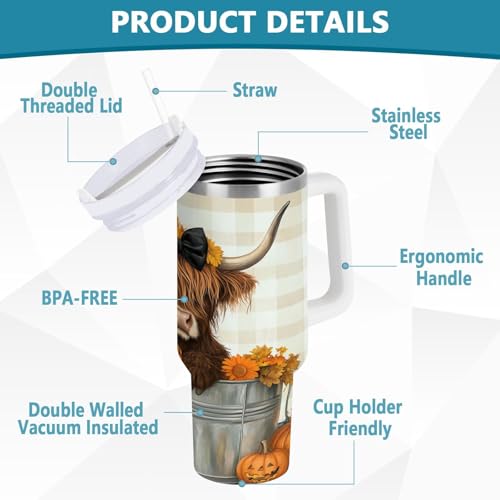 RPLIFE Highland Cow Sitting in Old Silver Stainless Steel Coffee Mug, Insulated Cup with Straw, Tumbler for Men