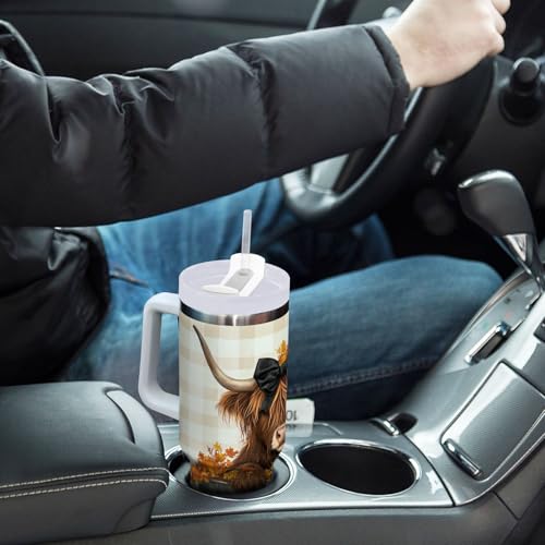 RPLIFE Highland Cow Sitting in Old Silver Stainless Steel Coffee Mug, Insulated Cup with Straw, Tumbler for Men