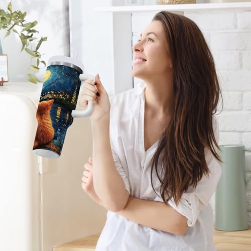 RPLIFE Cute Orange Cat Starry Night 40 Oz Tumbler with Handle, 30 Oz Tumbler, Coffee Tumbler for Women