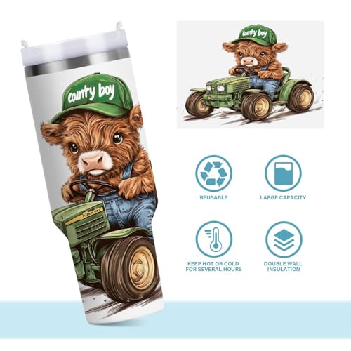 RPLIFE Cute Highland Cow White Stainless Steel Mug, Insulated Coffee Mug with Lid, Tumbler for Men