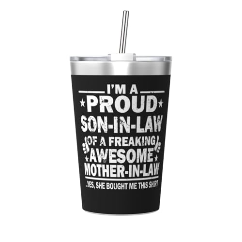 I'm A Proud Son In Law Of A Freaking Awesome Mother In Law Gifts 12oz Stainless Steel Coffee Tumbler Travel Coffee Mug Insulated Coffee Mug with Lid Spill Proof Coffee Cup Portable Thermal Mug-NN