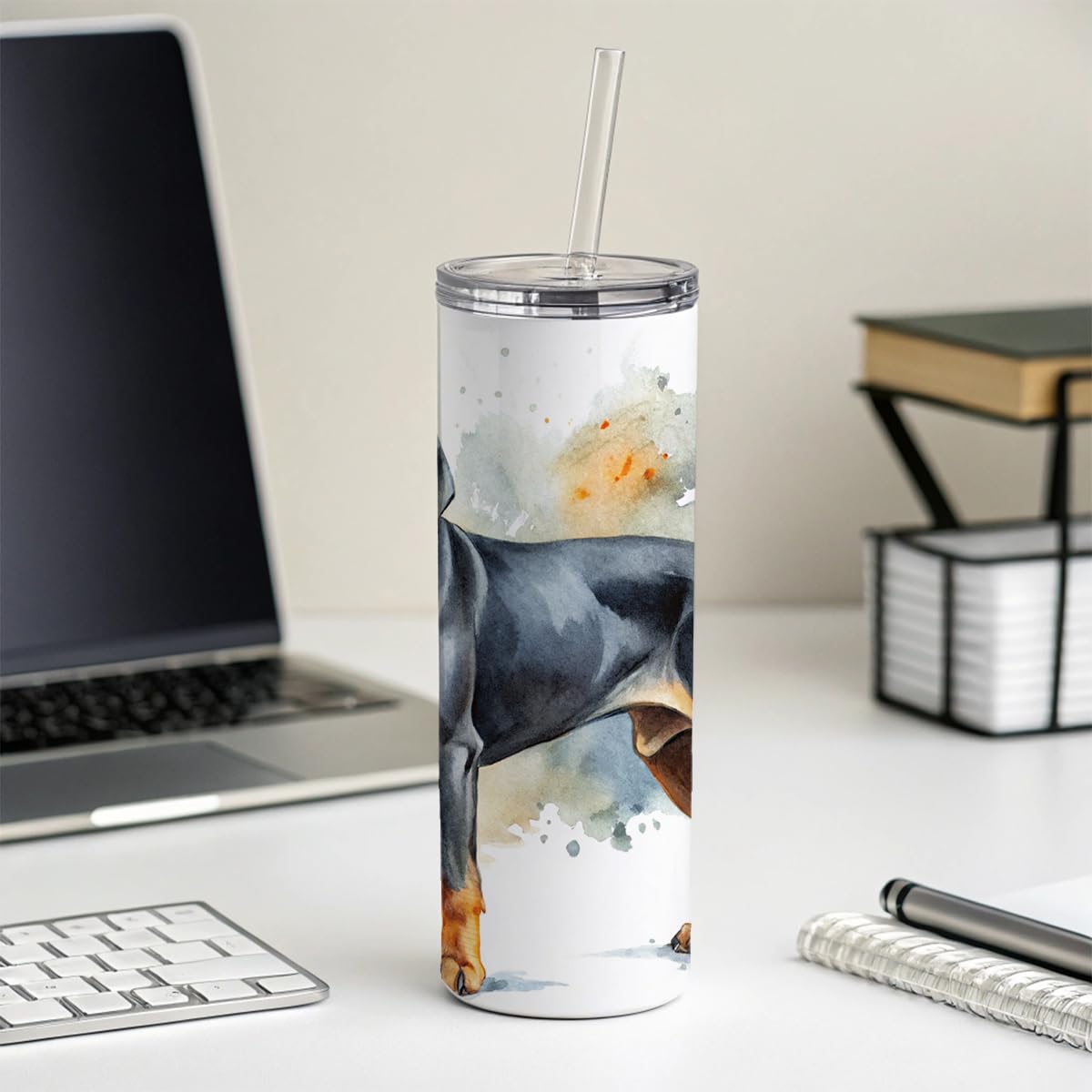 Black And Tan Coonhound Dog Watercolor Style Skinny Tumbler 20oz with Straw Insulated Water Bottle Gift