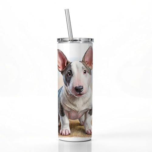 Miniature Bull Terrier Dog Illustration Skinny Tumbler 20oz with Straw Insulated Water Bottle Gift