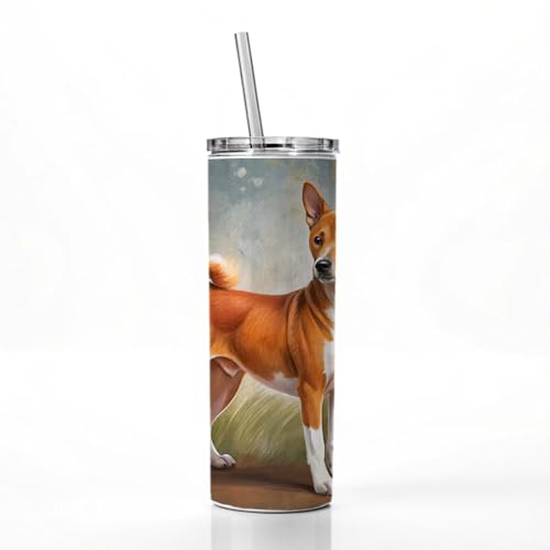 Basenji Dog Illustration Skinny Tumbler 20oz with Straw Insulated Water Bottle Gift